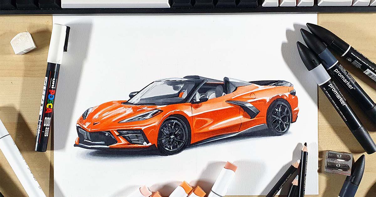 How to Draw a Corvette C8 - Easy & Exact Step-by-Step Tutorial