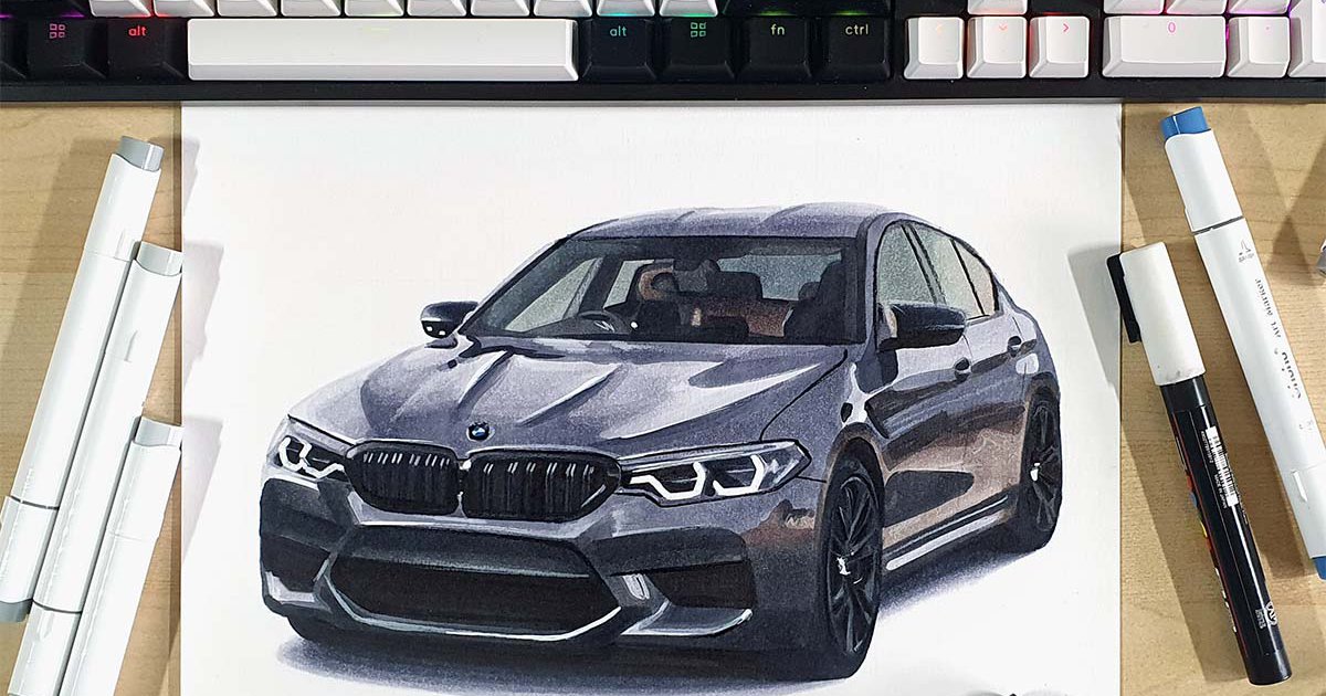 How To Draw A BMW M5 Competition - Realistic Step-By-Step Tutorial