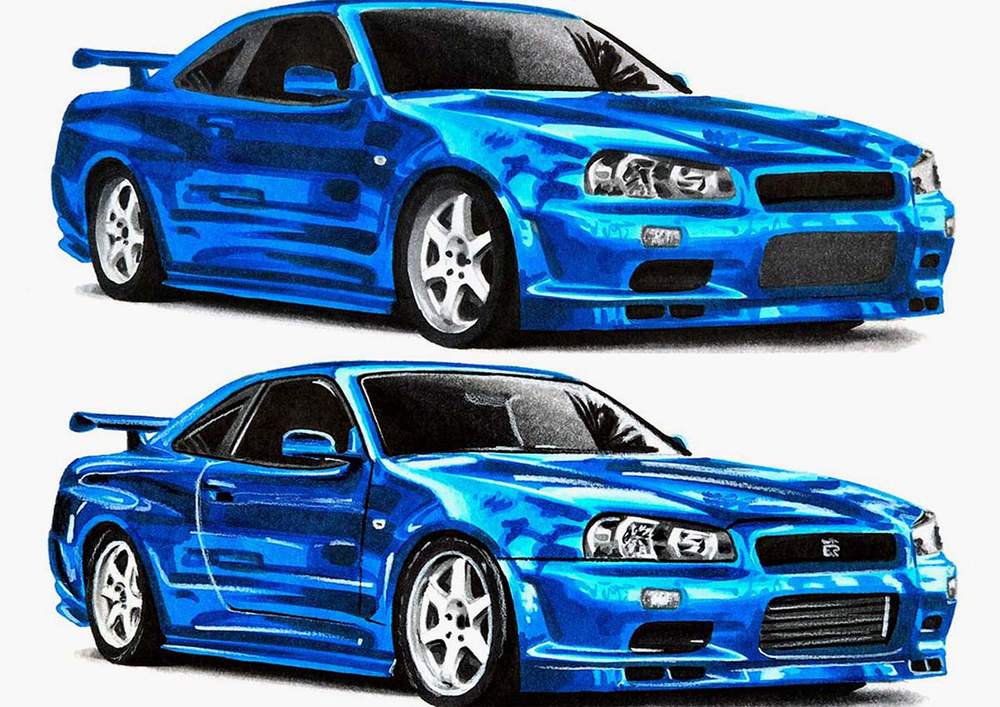 How to Draw a Nissan Skyline GTR R34 - Realistic Step by Step Guide