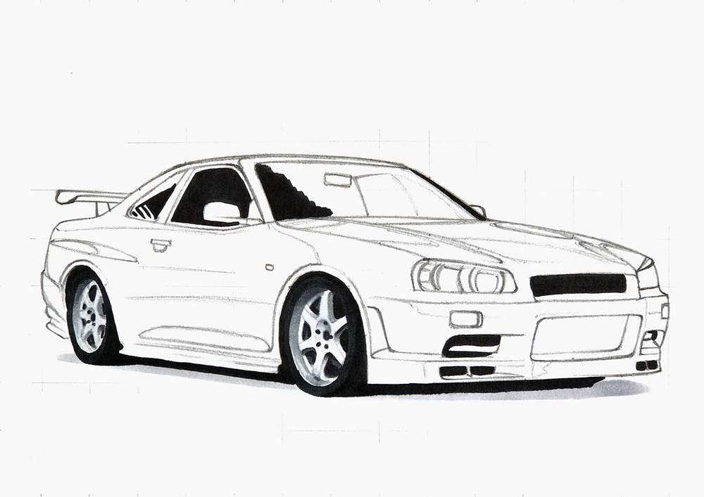 How to Draw a Nissan Skyline GTR R34 - Realistic Step by Step Guide