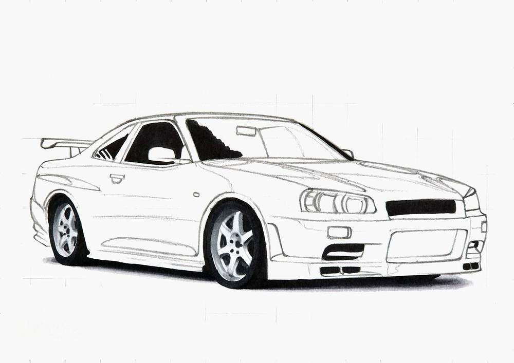 How to Draw a Nissan Skyline GTR R34 - Realistic Step by Step Guide
