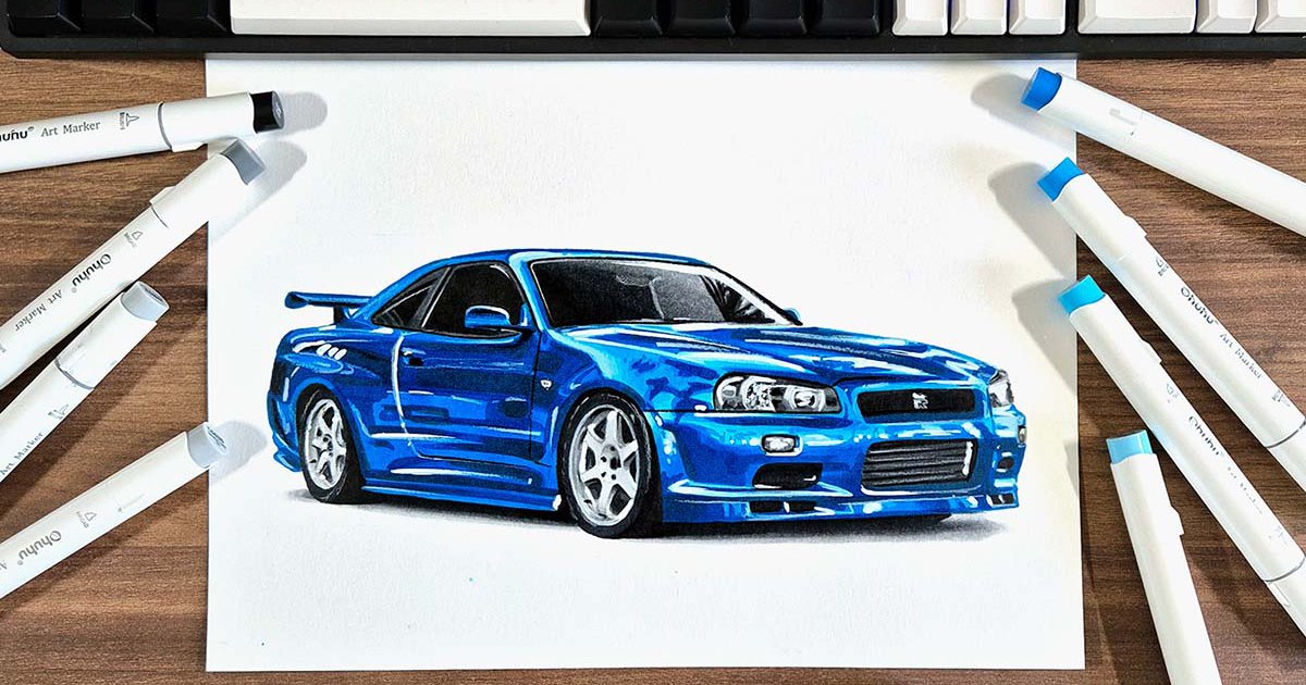 How to Draw a Nissan Skyline GTR R34 - Realistic Step by Step Guide