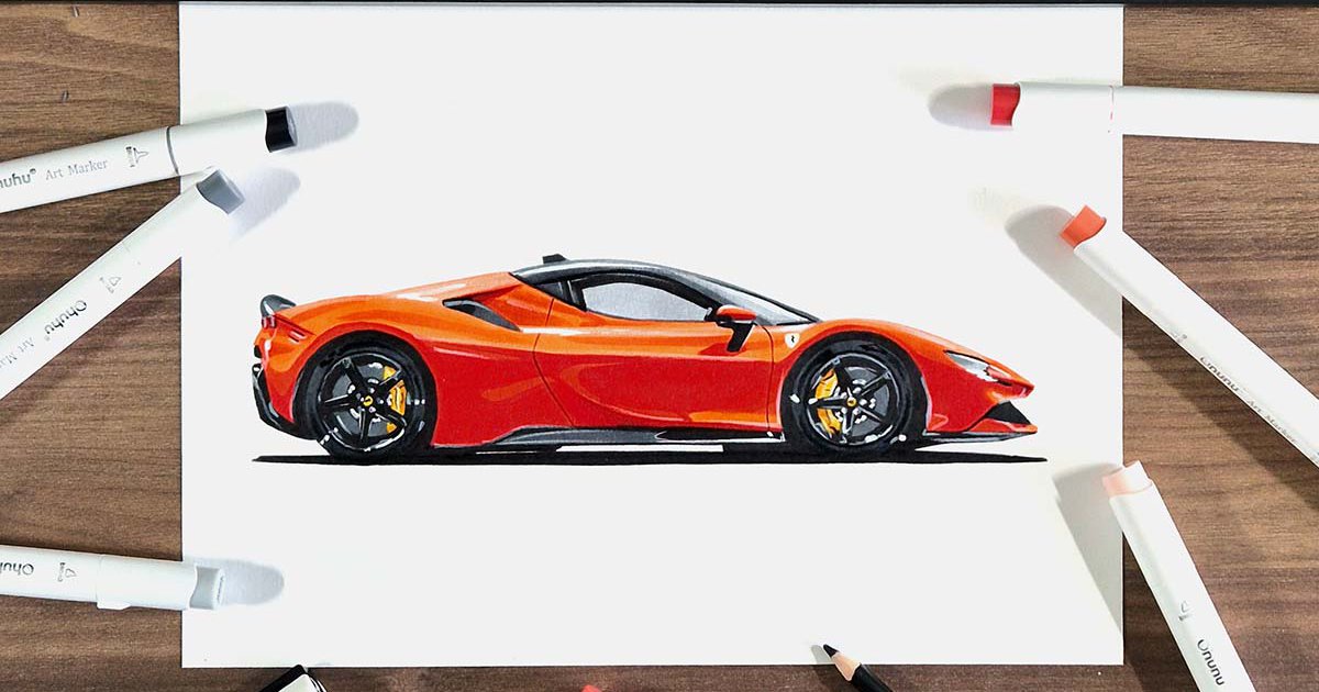 How to Draw a Ferrari SF90 Side View - Realistic Step by Step Guide